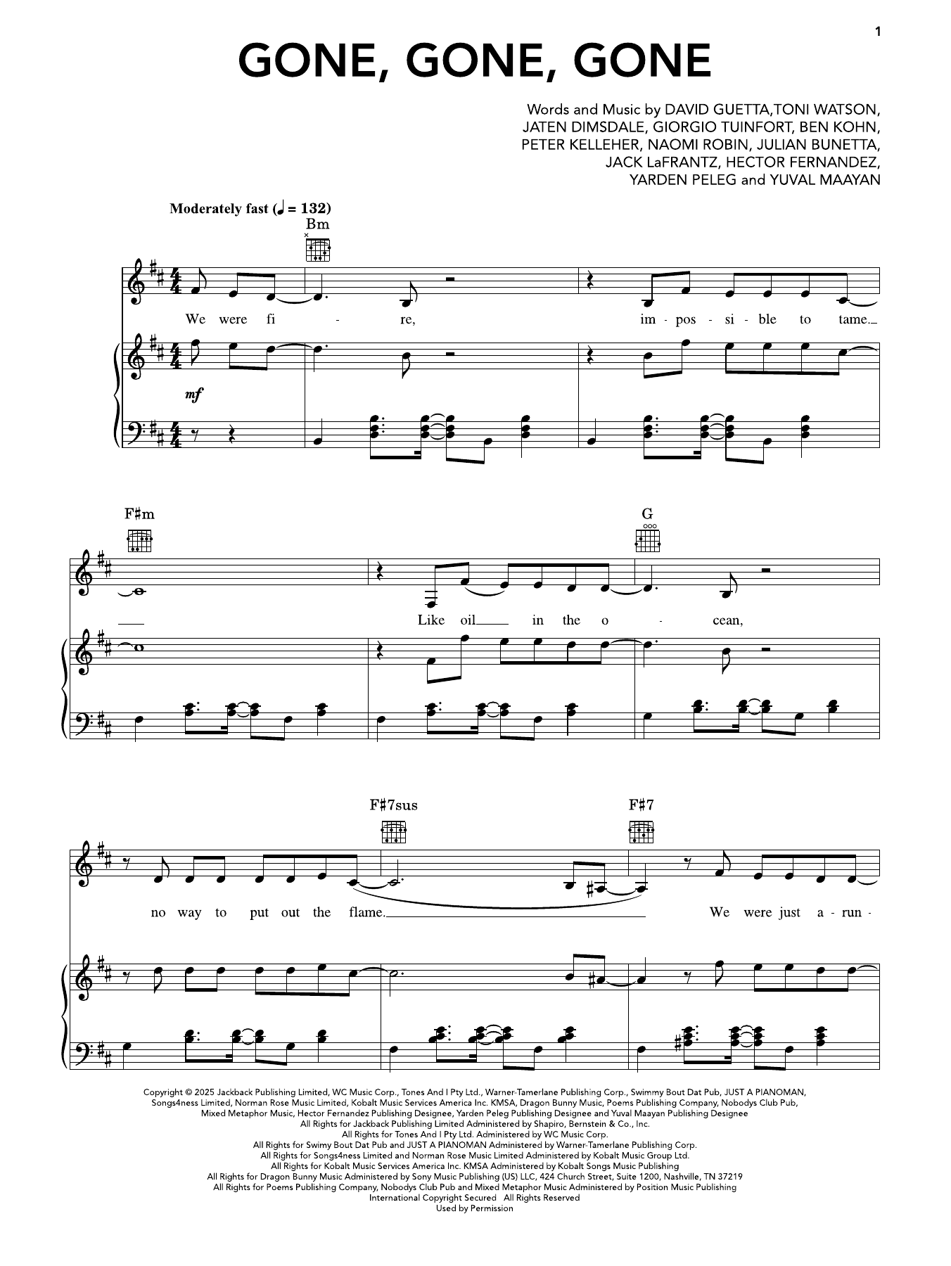 David Guetta, Teddy Swims, and Tones And I 'Gone Gone Gone' Sheet Music ...