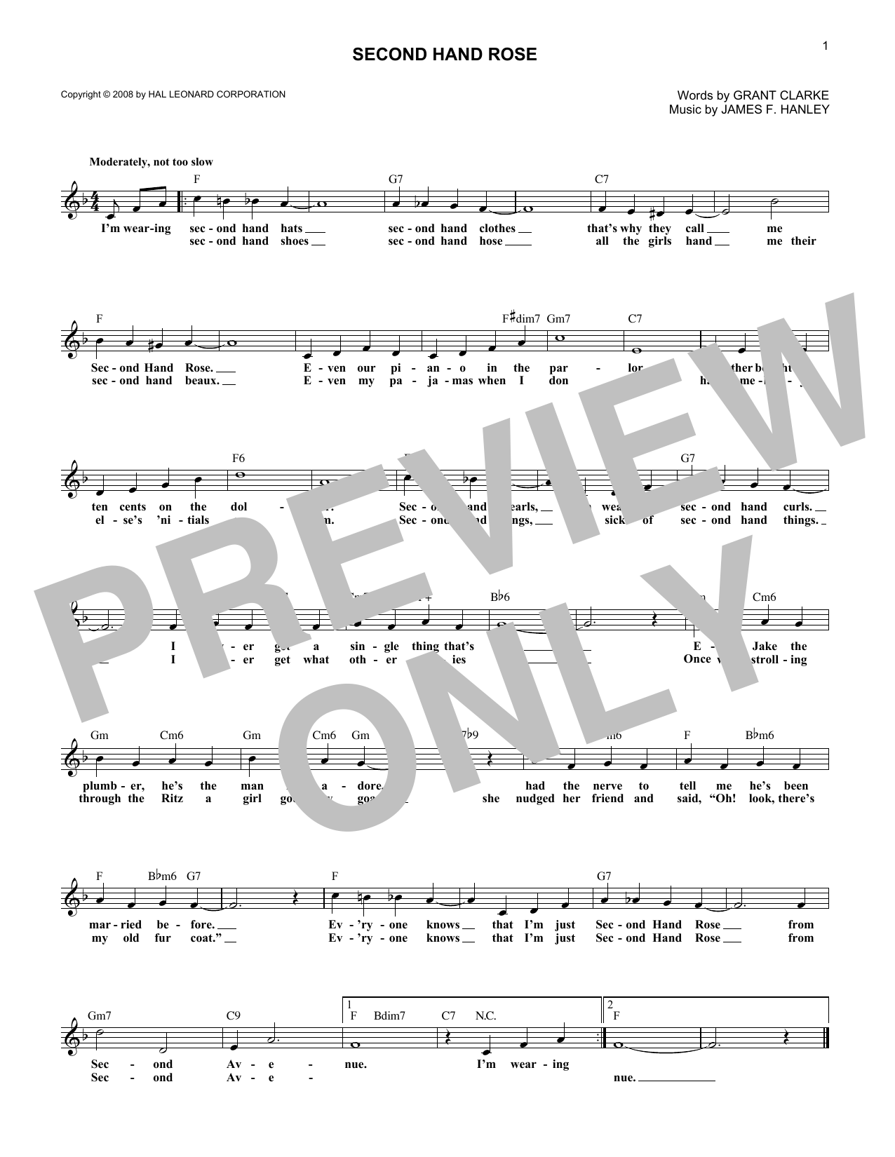 Fannie Brice "Second Hand Rose" Sheet Music | Download Printable Piano ...