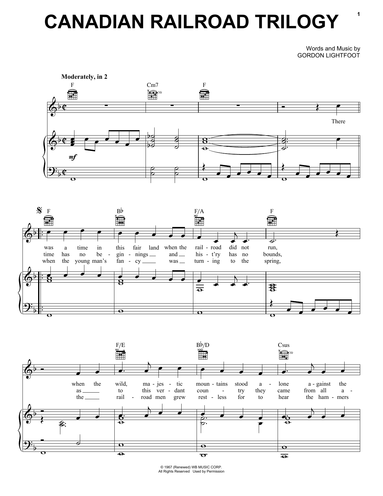 Canadian Railroad Trilogy Sheet Music by Gordon Lightfoot | Printable ...