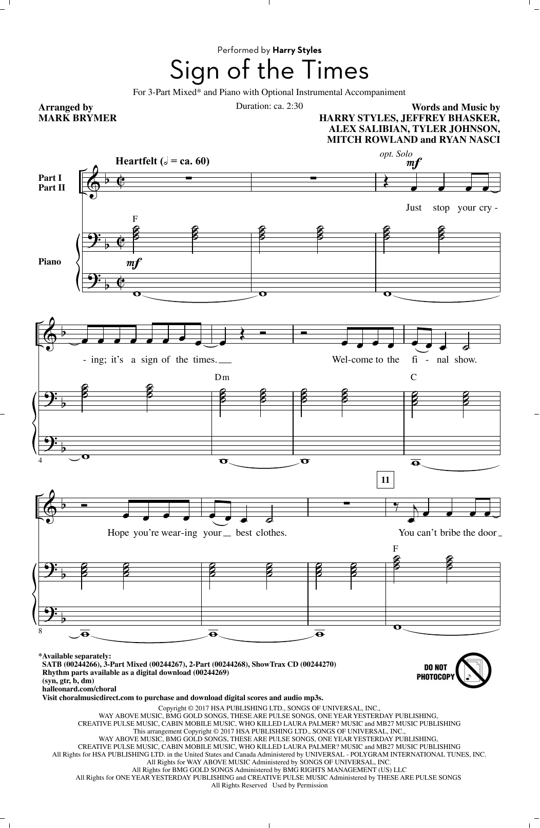 Harry Styles 'Sign Of The Times (arr. Mark Brymer)' Sheet Music ...