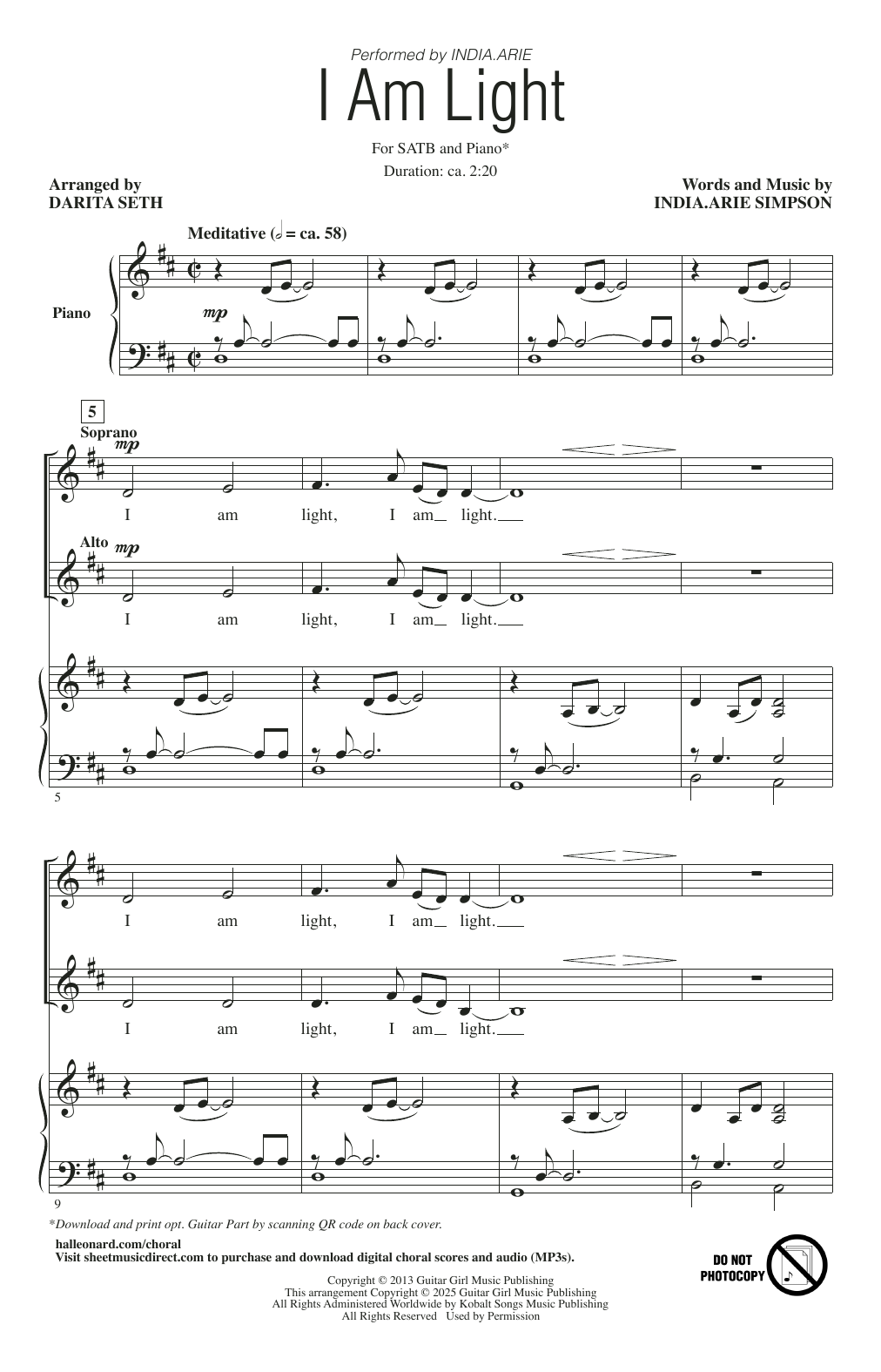 India.Arie 'I Am Light (arr. Darita Seth)' Sheet Music: Download ...