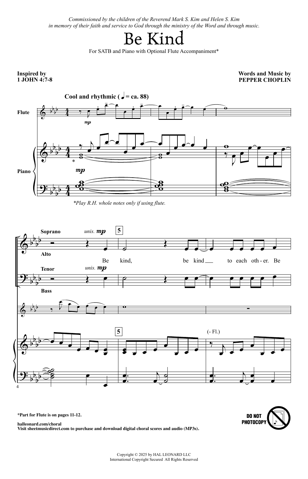 Pepper Choplin 'Be Kind' Sheet Music: Download Printable PDF for SATB ...