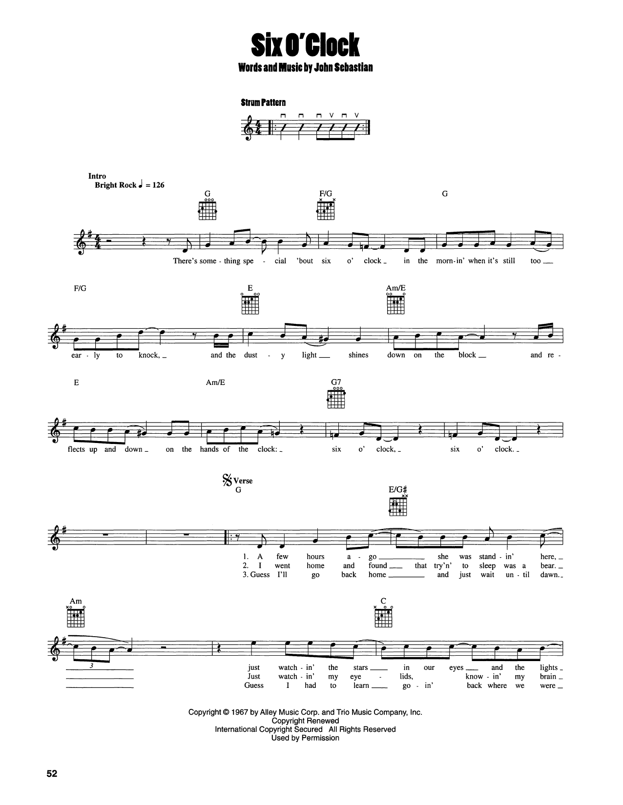 The Lovin' Spoonful 'Six O'Clock' Sheet Music: Download Printable PDF ...