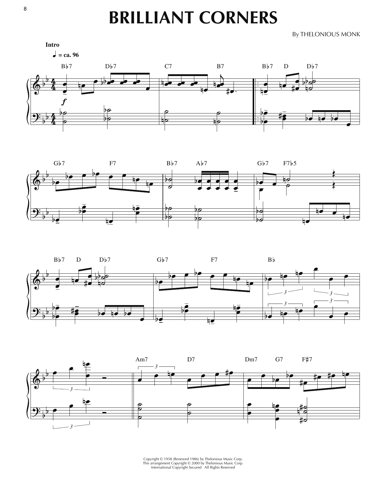 Thelonious Monk 'Brilliant Corners' Sheet Music: Download Printable PDF ...
