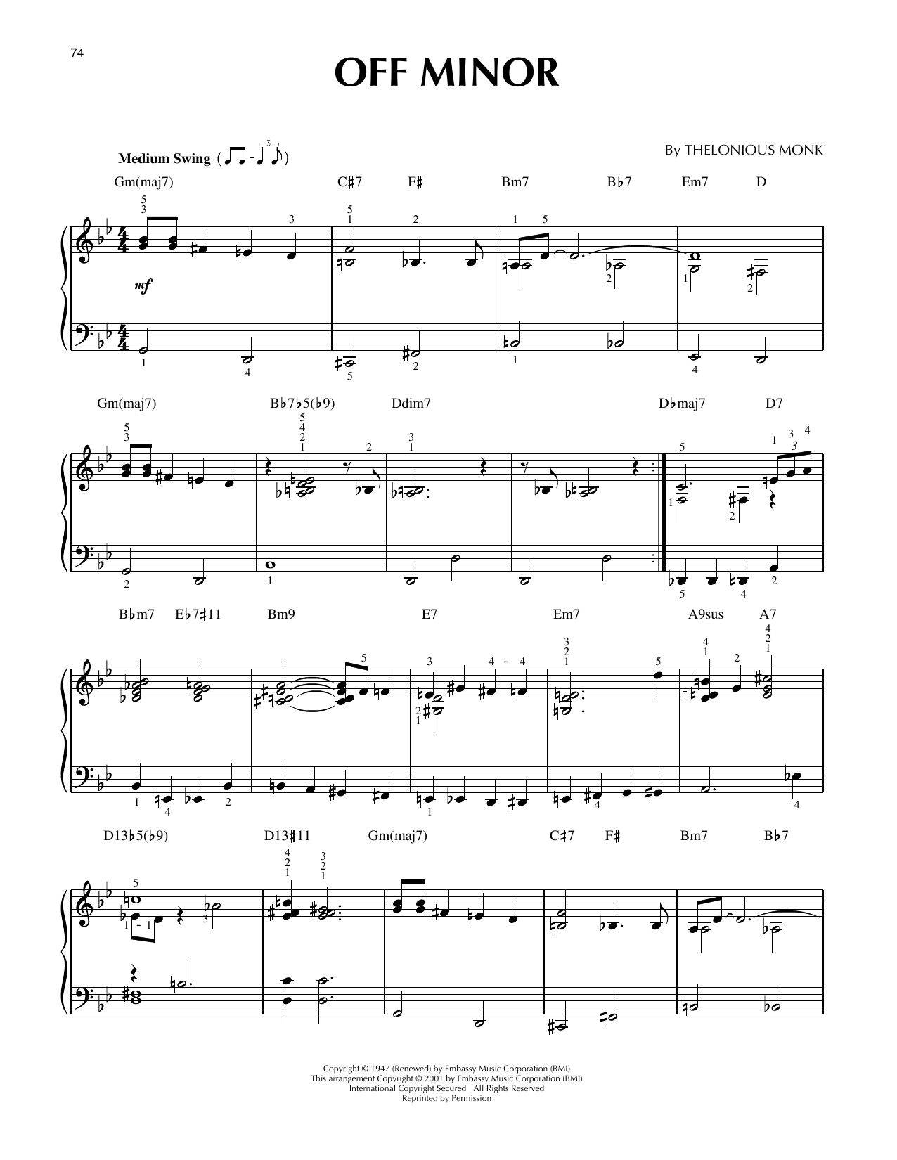 Thelonious Monk 'Off Minor' Sheet Music: Download Printable PDF for ...
