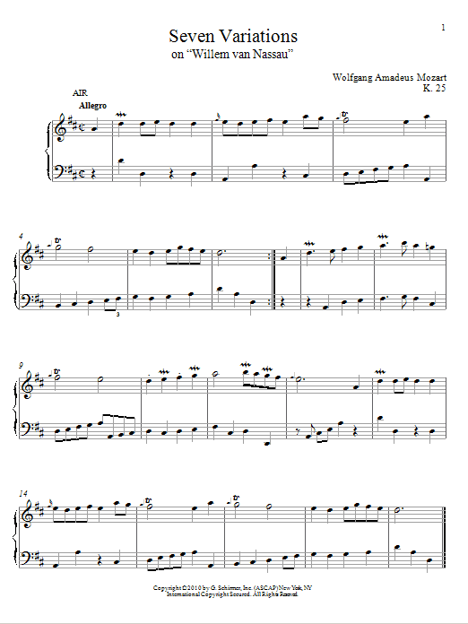 Wolfgang Amadeus Mozart 'Seven Variations on Willem van Nassau, K. 25 ...